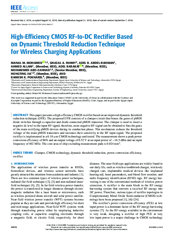(PDF) High-Efficiency CMOS RF-to-DC Rectifier Based on Dynamic Threshold Reduction Technique for ...