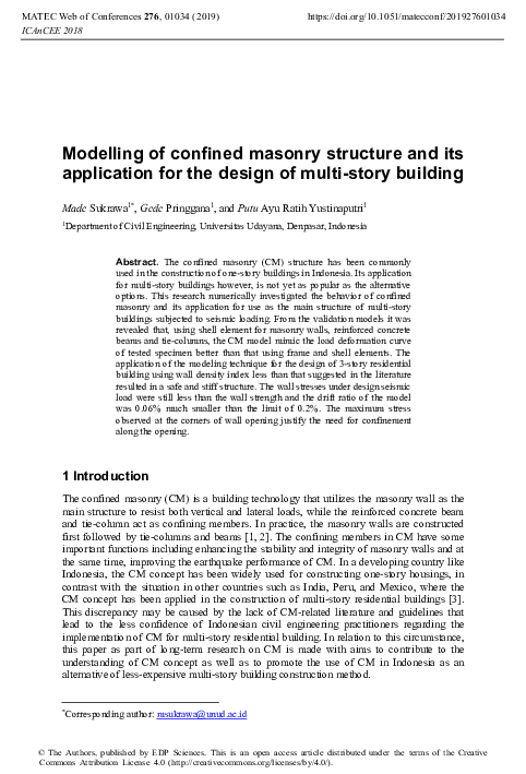 Pdf Modelling Of Confined Masonry Structure And Its Application For The Design Of Multi Story
