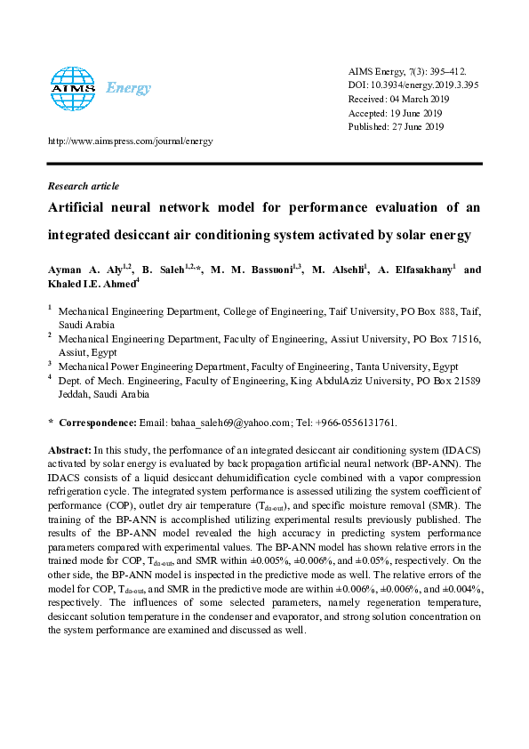 Pdf Artificial Neural Network Model For Performance Evaluation Of An