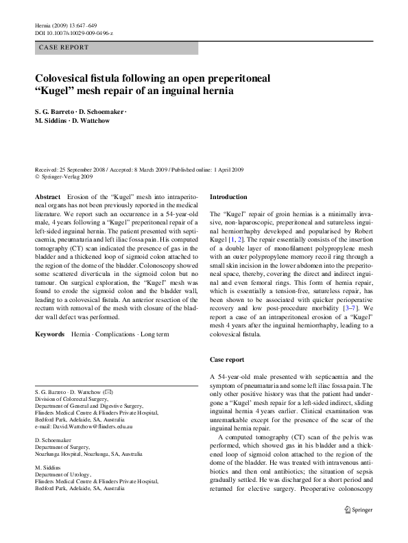 (PDF) Sigmoido-vesical fistula secondary to hernia mesh migration; a long-term rare complication ...