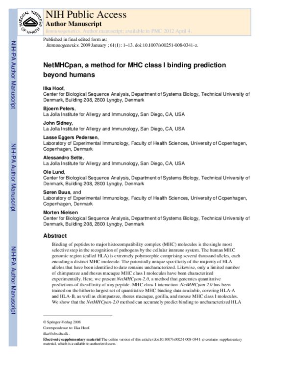 Pdf Netmhcpan A Method For Mhc Class I Binding Prediction Beyond Humans