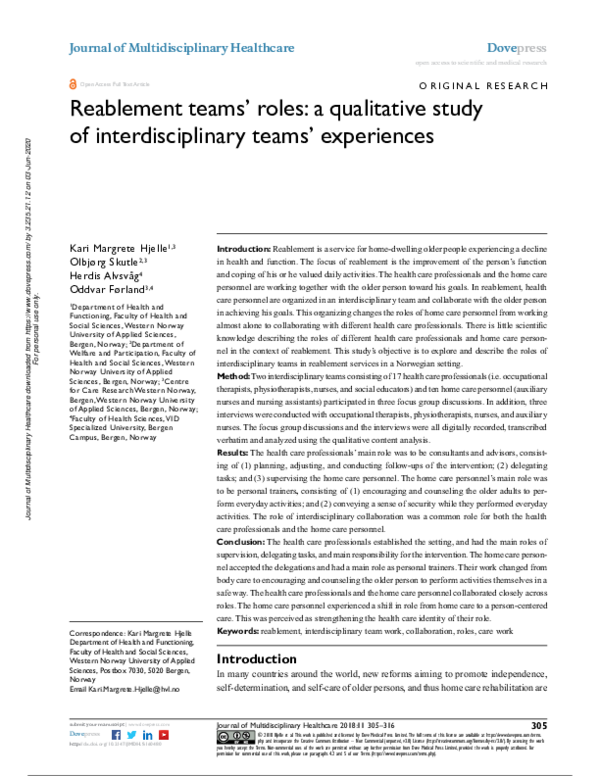 (PDF) Reablement teams roles: a qualitative study of interdisciplinary ...