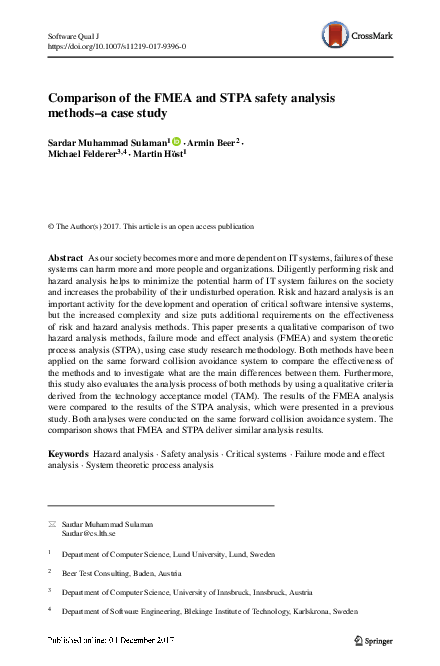 (PDF) Comparison of the FMEA and STPA safety analysis methods–a case study