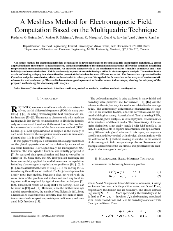 Pdf A Meshless Method For Electromagnetic Field Computation Based On The Multiquadric Technique