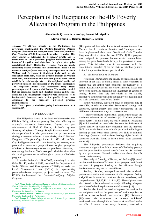 (PDF) Perception of the Recipients on the 4Ps Poverty Alleviation ...
