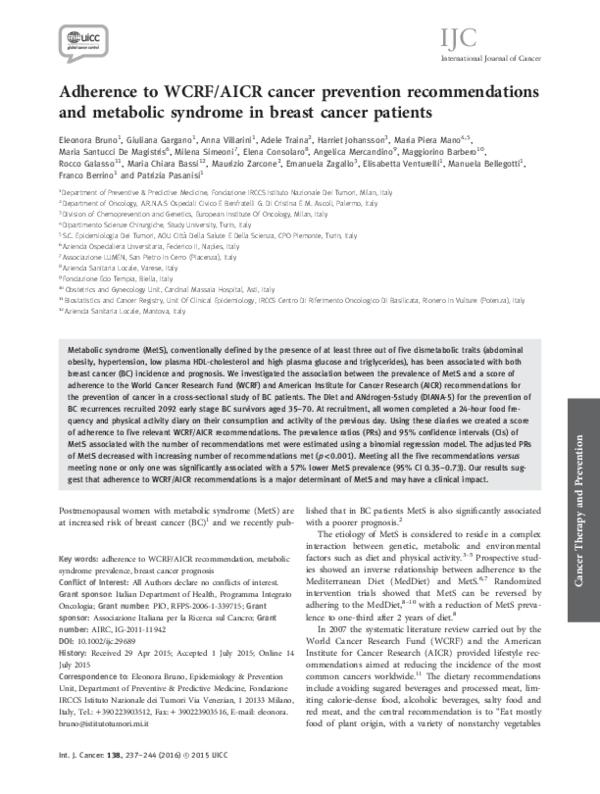 Adherence to WCRF/AICR cancer prevention recommendations and metabolic ...