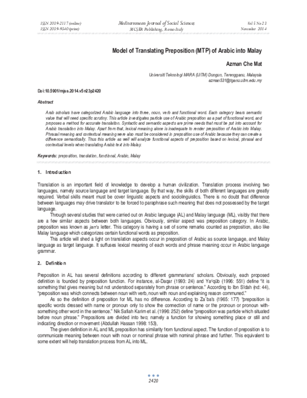 (PDF) Model of Translating Preposition (MTP) of Arabic into Malay