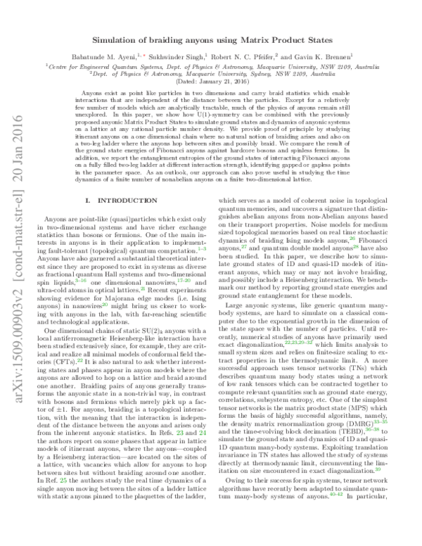 (PDF) Simulation of braiding anyons using matrix product states