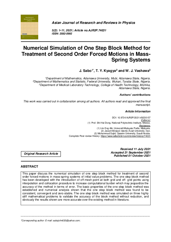 Pdf Numerical Simulation Of One Step Block Method For Treatment Of Second Order Forced Motions 6515