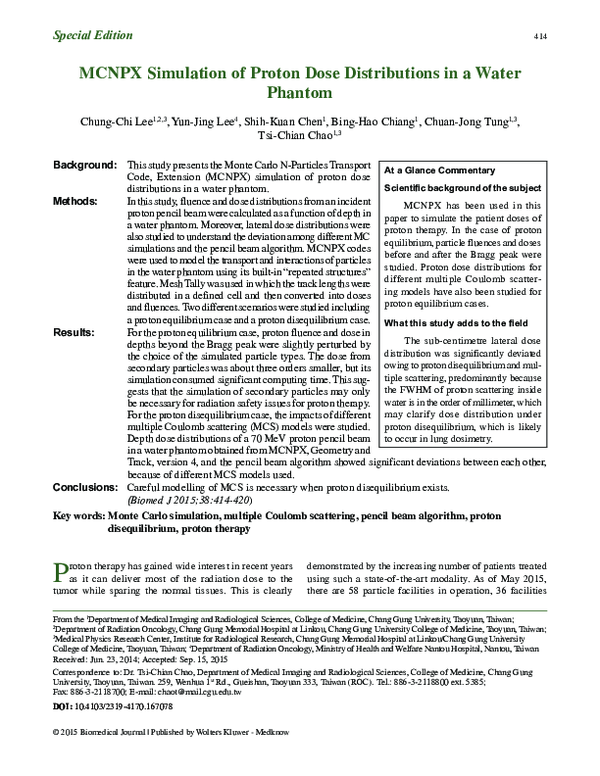 (PDF) MCNPX simulation of proton dose distributions in a water phantom