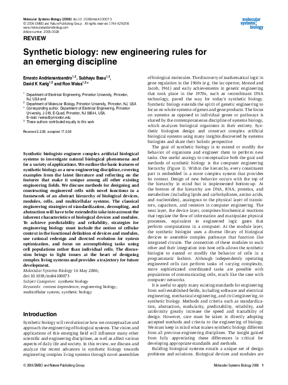Pdf Synthetic Biology New Engineering Rules For An Emerging Discipline