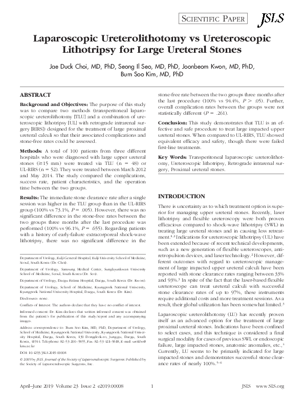(PDF) Laparoscopic Ureterolithotomy vs Ureteroscopic Lithotripsy for ...