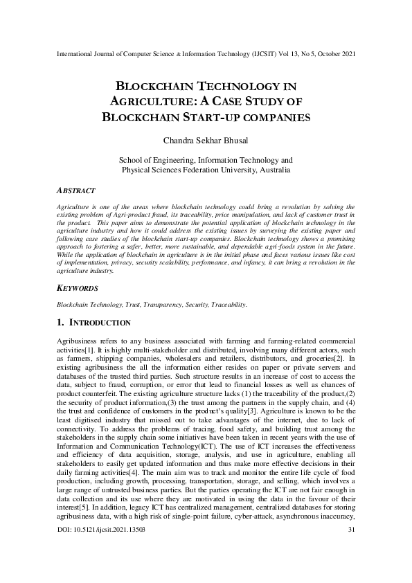 (PDF) BLOCKCHAIN TECHNOLOGY IN AGRICULTURE: A CASE STUDY OF BLOCKCHAIN ...