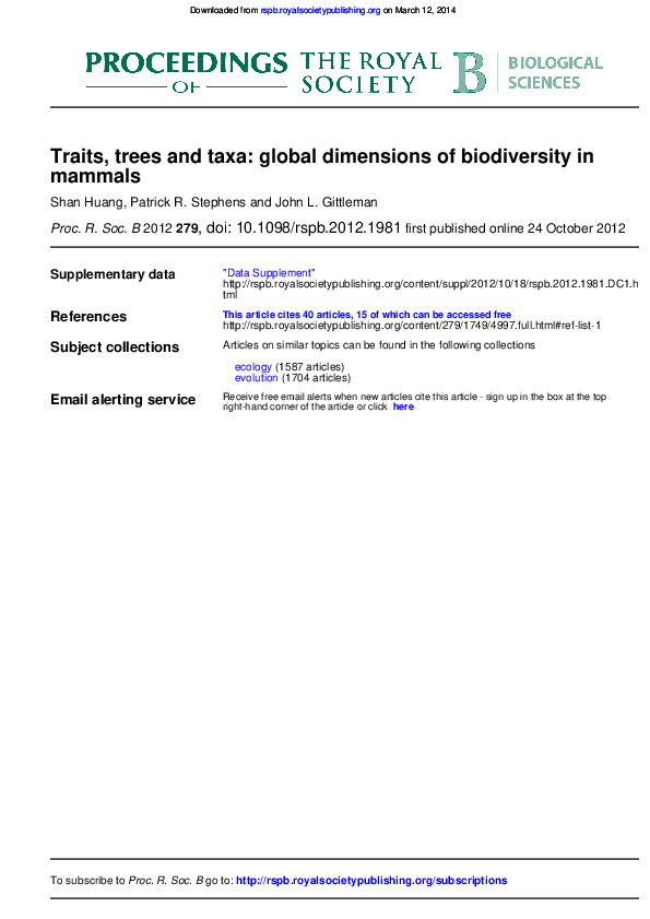 (PDF) Traits, trees and taxa: global dimensions of biodiversity in mammals