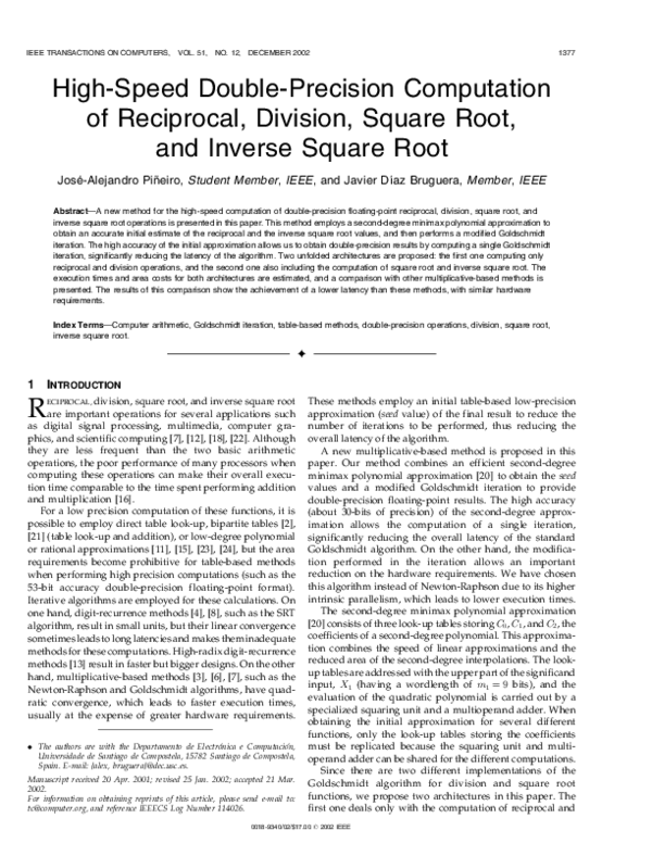 Pdf High Speed Double Precision Computation Of Reciprocal Division