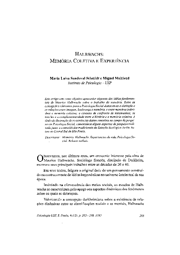 (PDF) Halbwachs: memória coletiva e experiência
