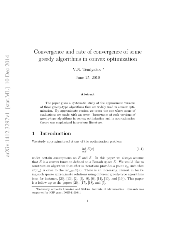 (PDF) Convergence and rate of convergence of some greedy algorithms in convex optimization