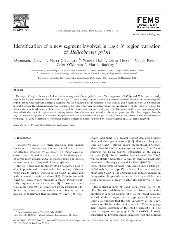 (PDF) Identification of a new segment involved in cagA 3′ region variation of Helicobacter pylori