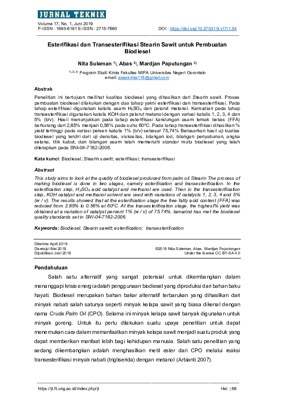(PDF) Esterifikasi dan Transesterifikasi Stearin Sawit untuk Pembuatan ...