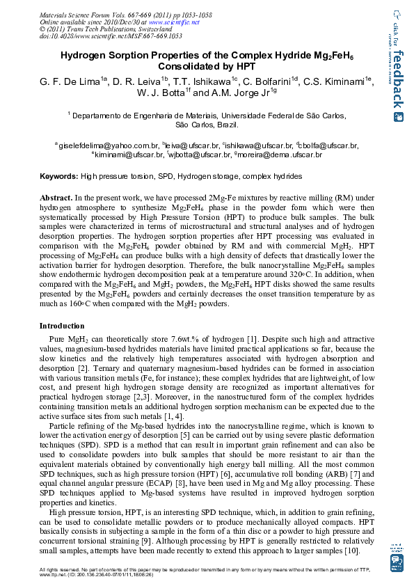 (PDF) Hydrogen Sorption Properties of the Complex Hydride Mg2FeH6 ...