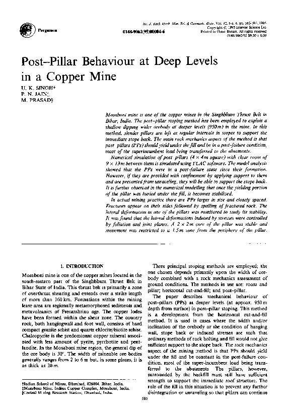 (PDF) Post-pillar behaviour at deep levels in a copper mine
