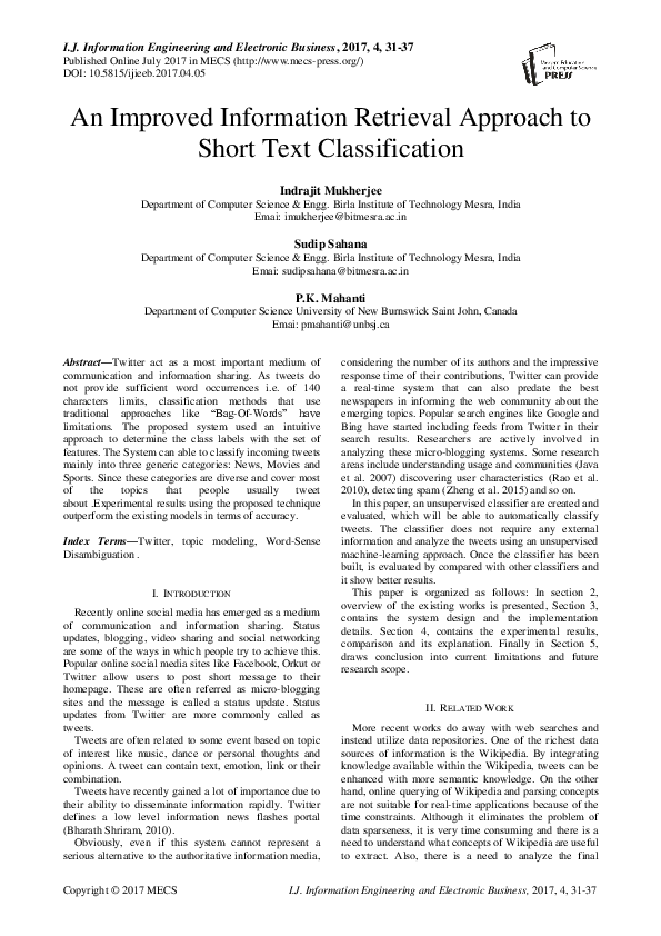 (PDF) An Improved Information Retrieval Approach to Short Text ...
