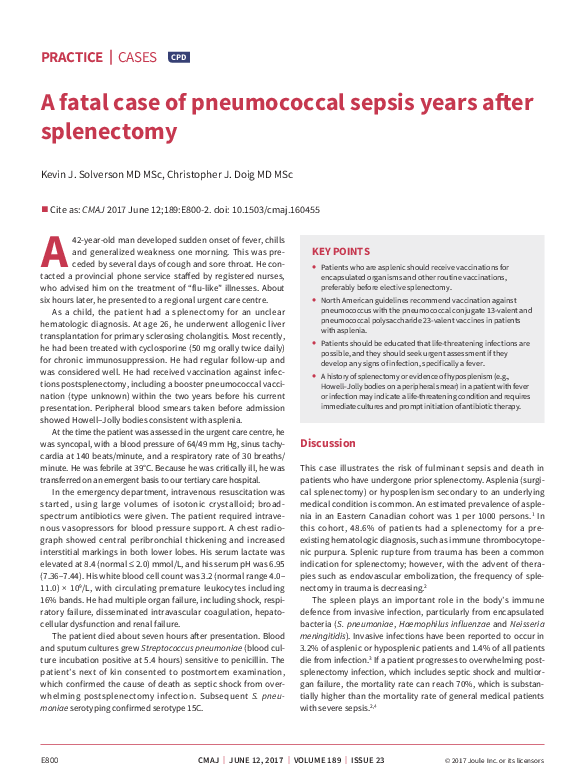 (PDF) A fatal case of pneumococcal sepsis years after splenectomy