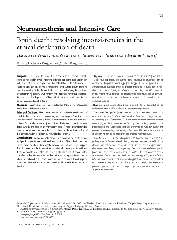 (PDF) Brain death: resolving inconsistencies in the ethical declaration ...