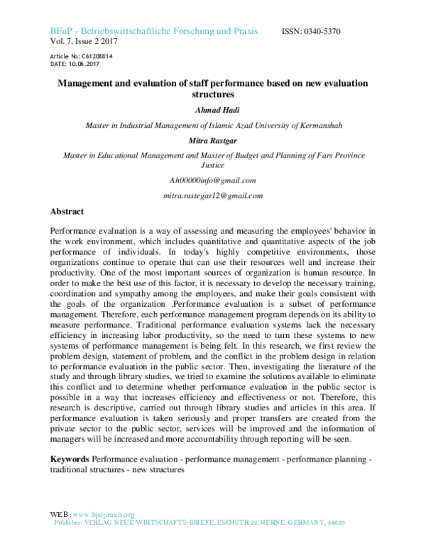 (PDF) Management and evaluation of staff performance based on new evaluation structures