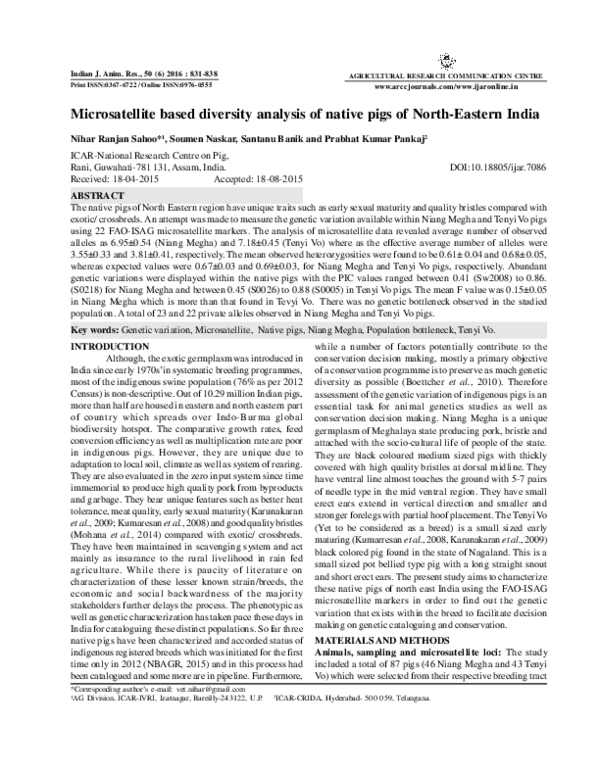 (PDF) Microsatellite based diversity analysis of native pigs of North ...
