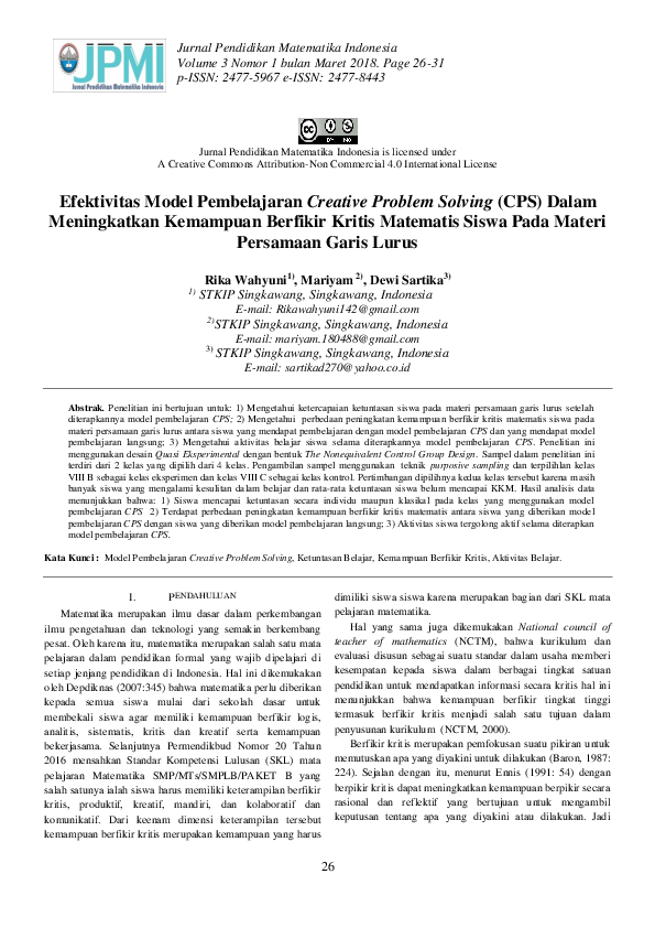 (PDF) Efektivitas Model Pembelajaran Creative Problem Solving (CPS) Dalam Meningkatkan Kemampuan ...