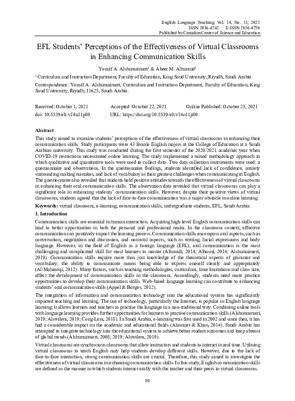 (PDF) EFL Students' Perceptions of the Effectiveness of Virtual Classrooms in Enhancing ...