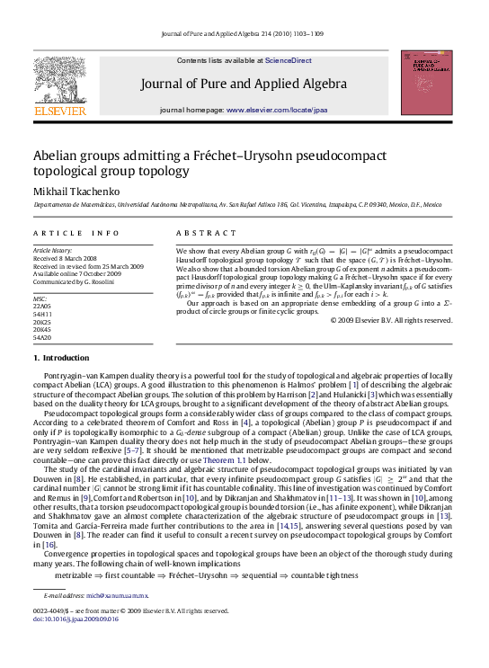 (PDF) Abelian groups admitting a Fréchet–Urysohn pseudocompact topological group topology
