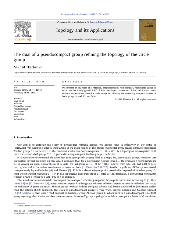 (PDF) The dual of a pseudocompact group refining the topology of the circle group