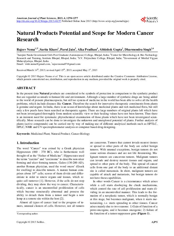 (PDF) Natural Products Potential and Scope for Modern Cancer Research