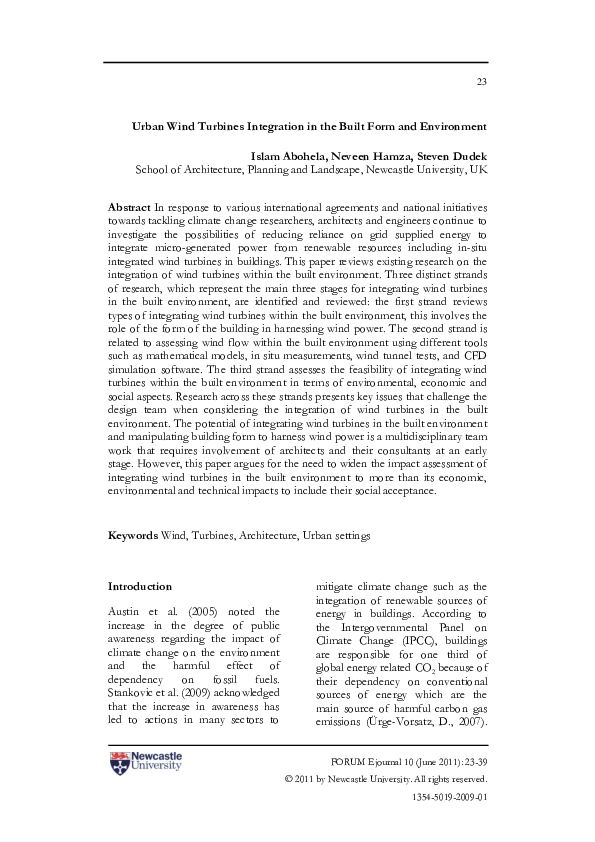 (PDF) Urban Wind Turbines Integration in the Built Form and Environment