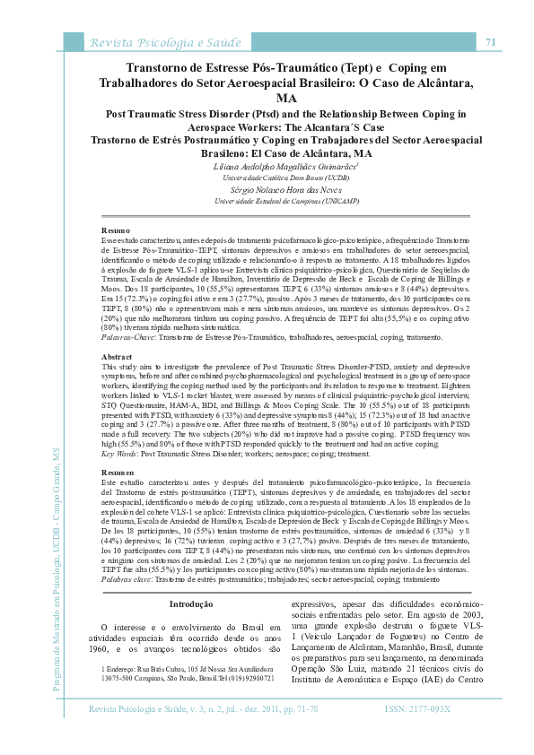 (PDF) Transtorno de Estresse Pós-Traumático (Tept) e Coping em Trabalhadores do Setor ...