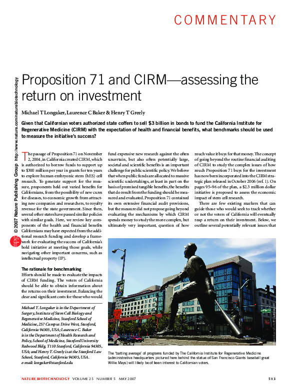 (PDF) Proposition 71 and CIRM—assessing the return on investment