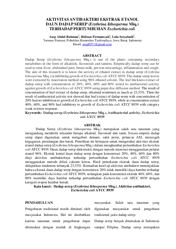 (PDF) AKTIVITAS ANTIBAKTERI EKSTRAK ETANOL DAUN DADAP SEREP (Erythrina ...
