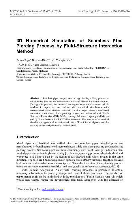 (PDF) 3D Numerical Simulation of Seamless Pipe Piercing Process by Fluid-Structure Interaction ...