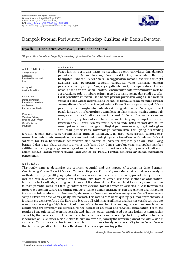 (PDF) Dampak Potensi Pariwisata Terhadap Kualitas Air Danau Beratan