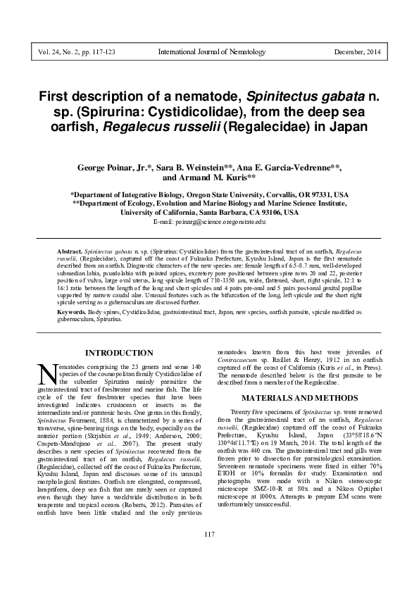 (PDF) First description of a nematode, Spinitectus gabata n. sp ...
