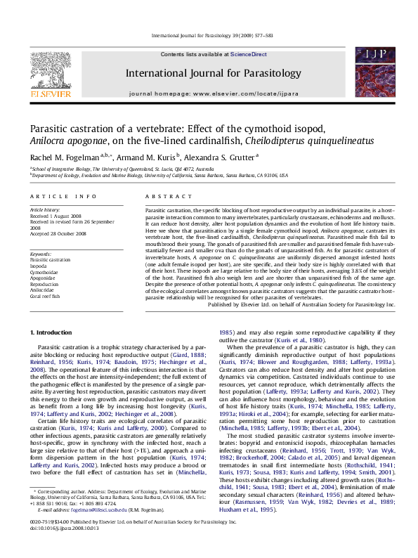 (PDF) Parasitic castration of a vertebrate: Effect of the cymothoid ...