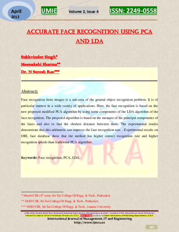 Pdf Accurate Face Recognition Using Pca And Lda
