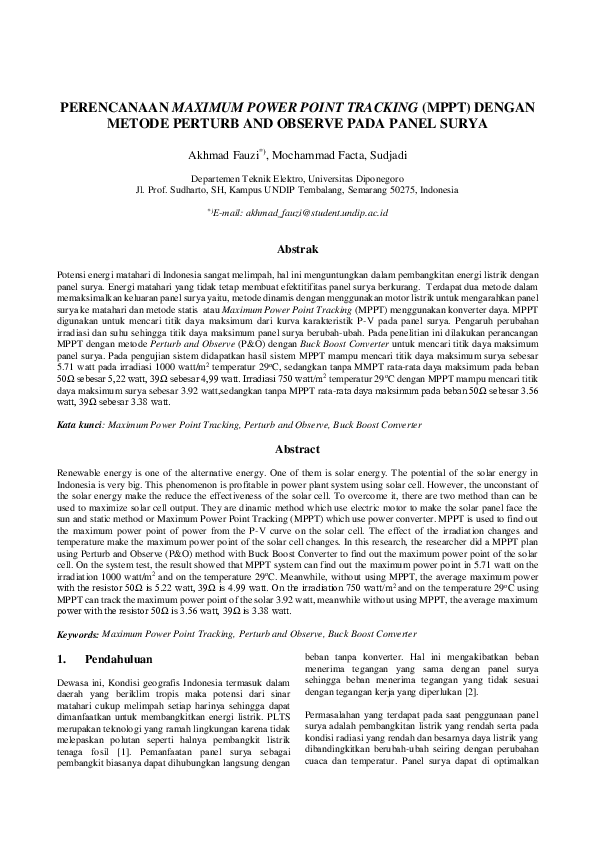 (PDF) Perencanaan Maximum Power Point Tracking (MPPT) Dengan Metode ...