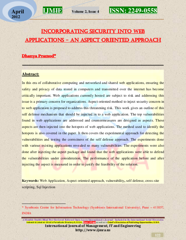 Pdf Incorporating Security Into Web Applications An Aspect Oriented Approach