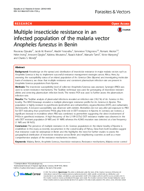 (PDF) Multiple insecticide resistance in an infected population of the malaria vector Anopheles ...