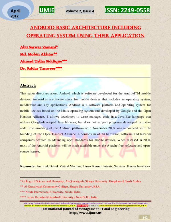 (PDF) Android Basic Architecture including Operating System using their ...