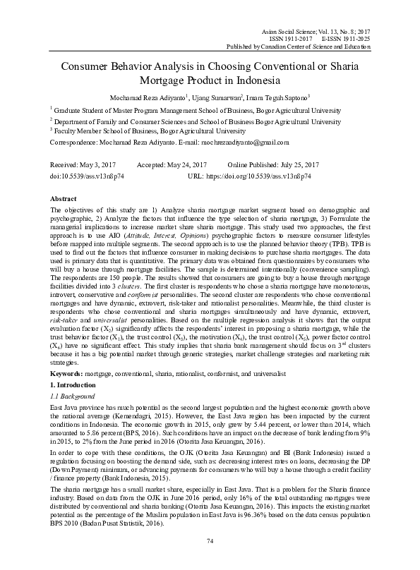 (PDF) Consumer Behavior Analysis in Choosing Conventional or Sharia Mortgage Product in Indonesia