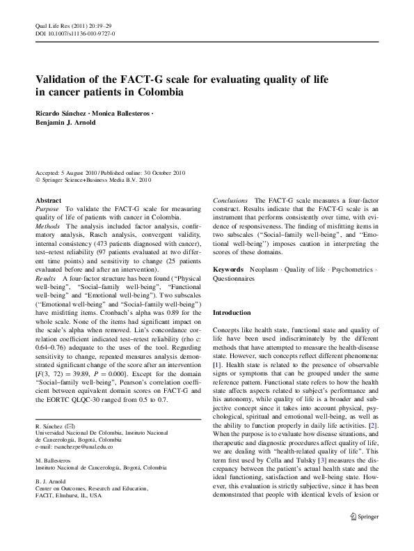 (PDF) Validation of the FACT-G scale for evaluating quality of life in ...